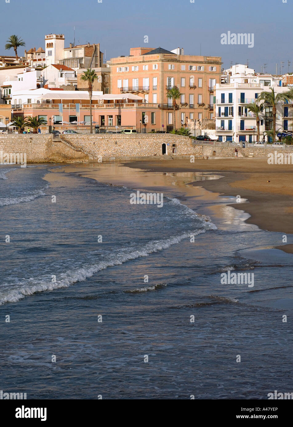Panoramic view of the seafront & beach of Sitges Catalonia Catalunya ...