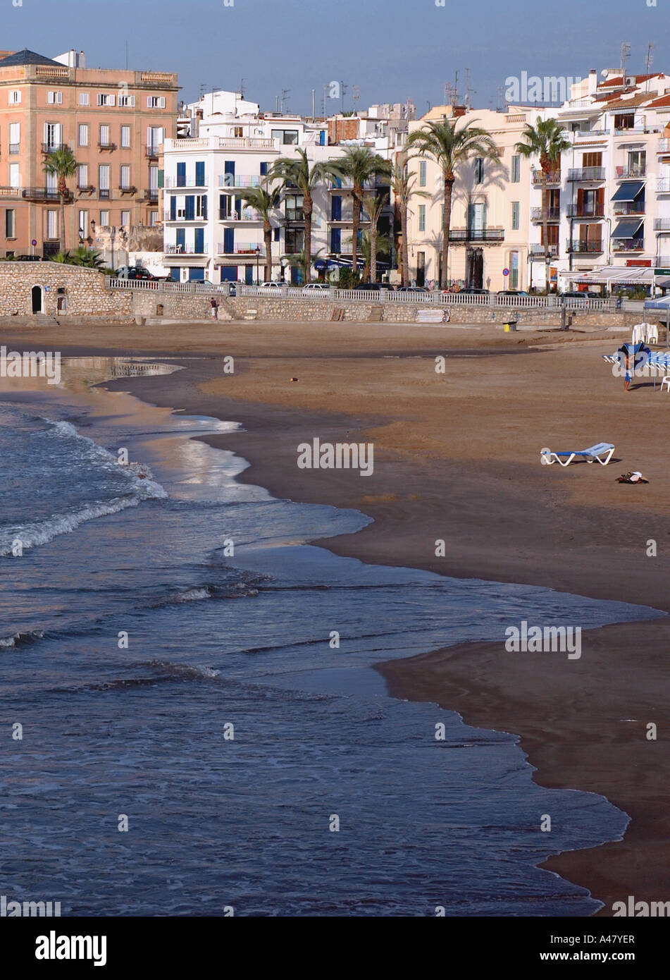 Panoramic view of the seafront & beach of Sitges Catalonia Catalunya ...