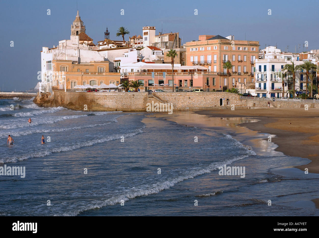 Panoramic view of the seafront & beach of Sitges Catalonia Catalunya ...