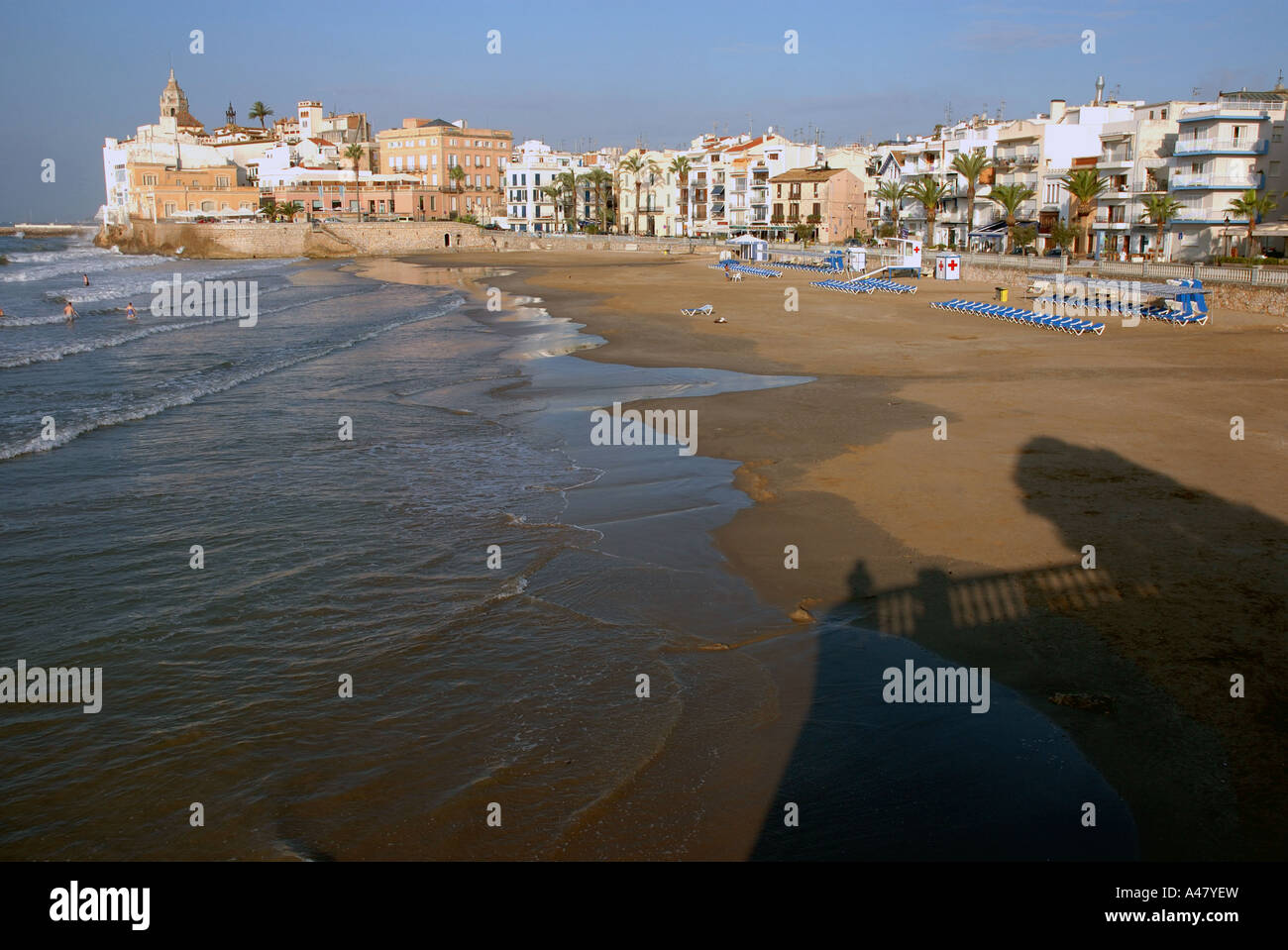 Panoramic view of the seafront & beach of Sitges Catalonia Catalunya ...