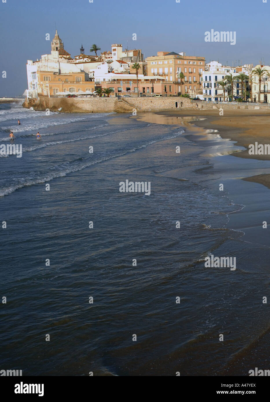 Panoramic view of the seafront & beach of Sitges Catalonia Catalunya ...