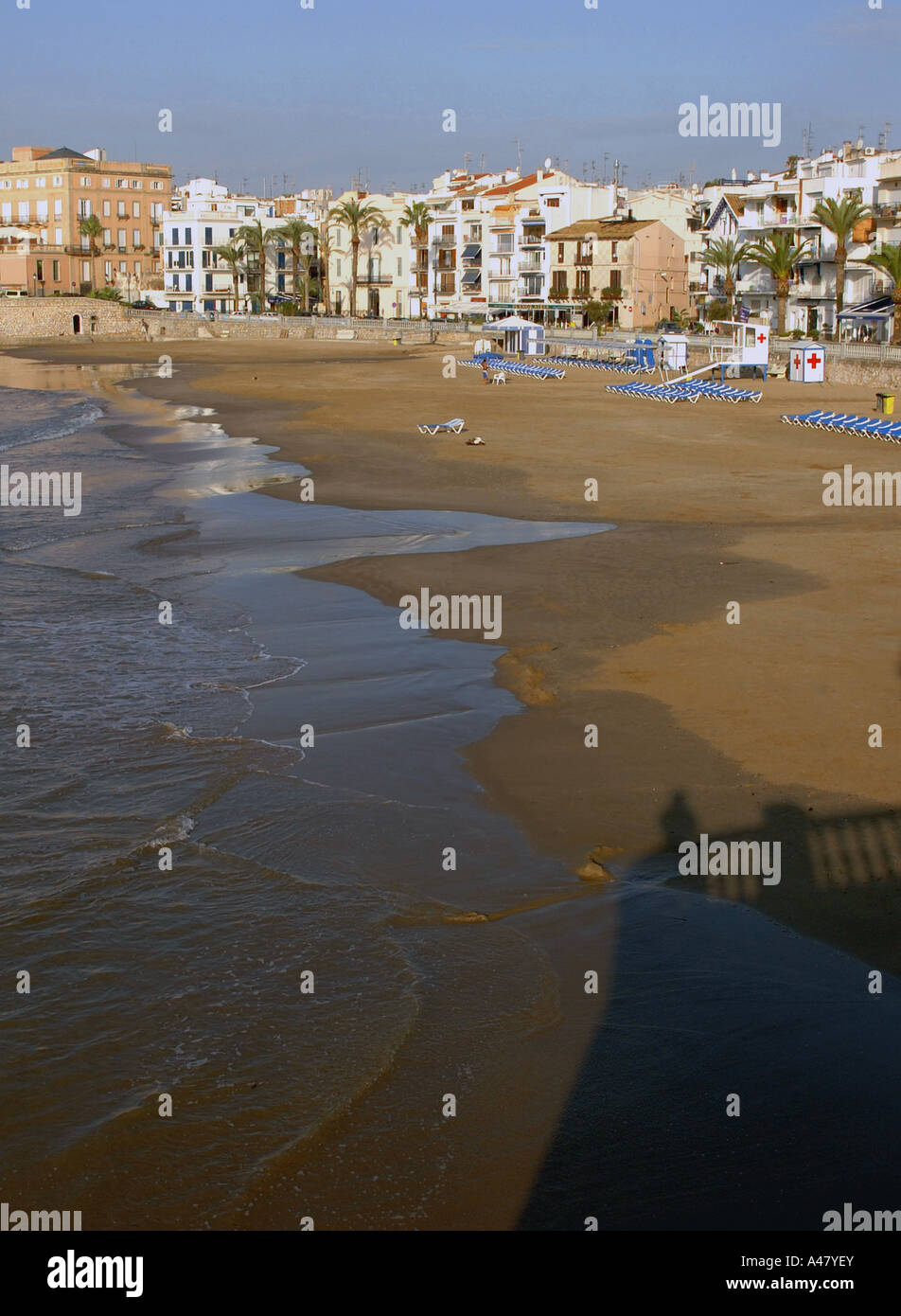 Panoramic view of the seafront & beach of Sitges Catalonia Catalunya ...