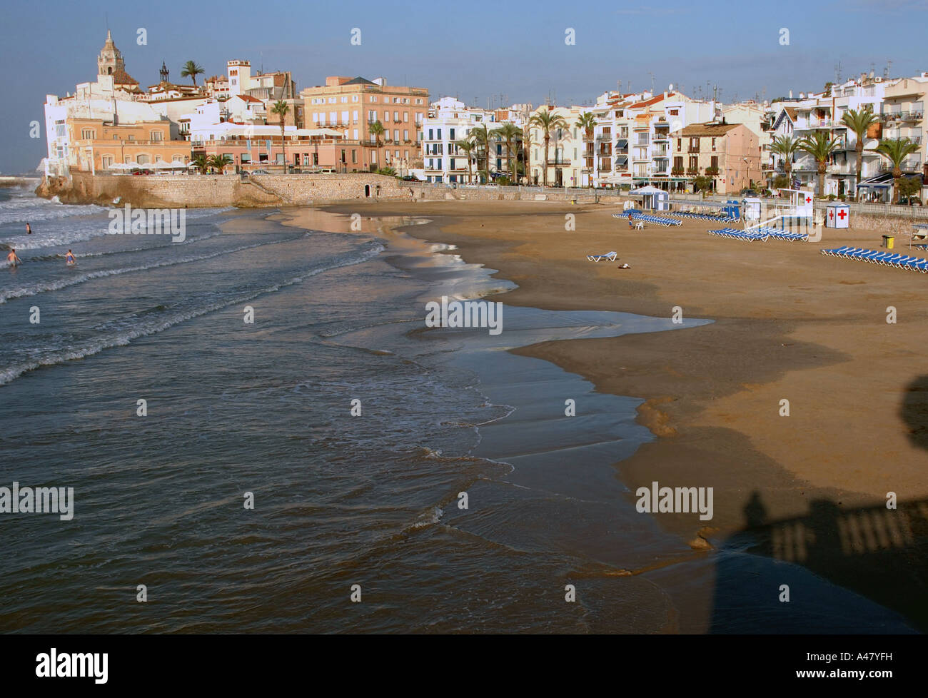 Panoramic view of the seafront & beach of Sitges Catalonia Catalunya ...