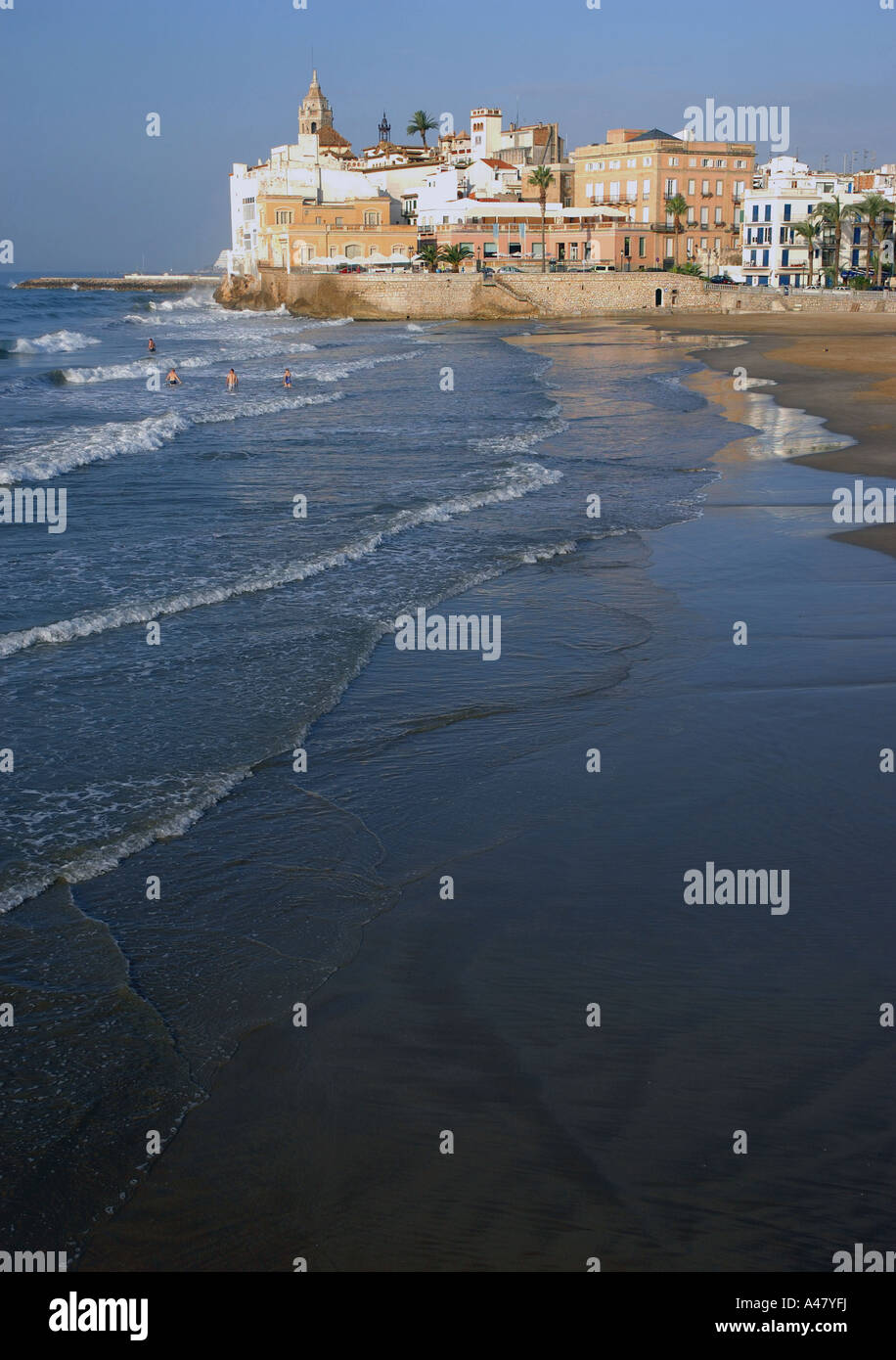 Panoramic view of the seafront & beach of Sitges Catalonia Catalunya ...