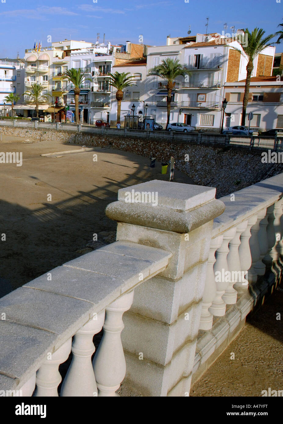 Panoramic view of the seafront & beach of Sitges Catalonia Catalunya ...