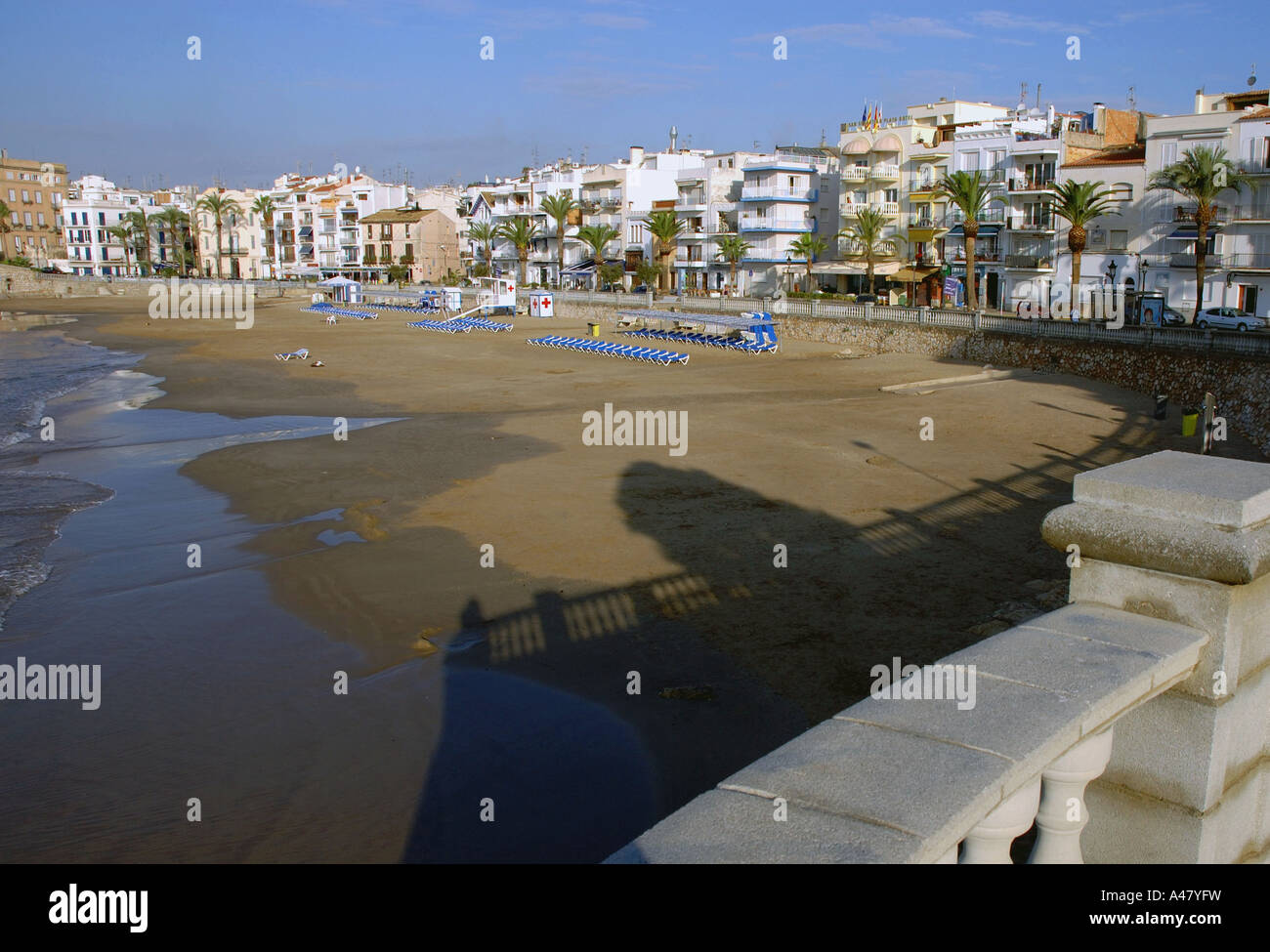 Panoramic view of the seafront & beach of Sitges Catalonia Catalunya ...