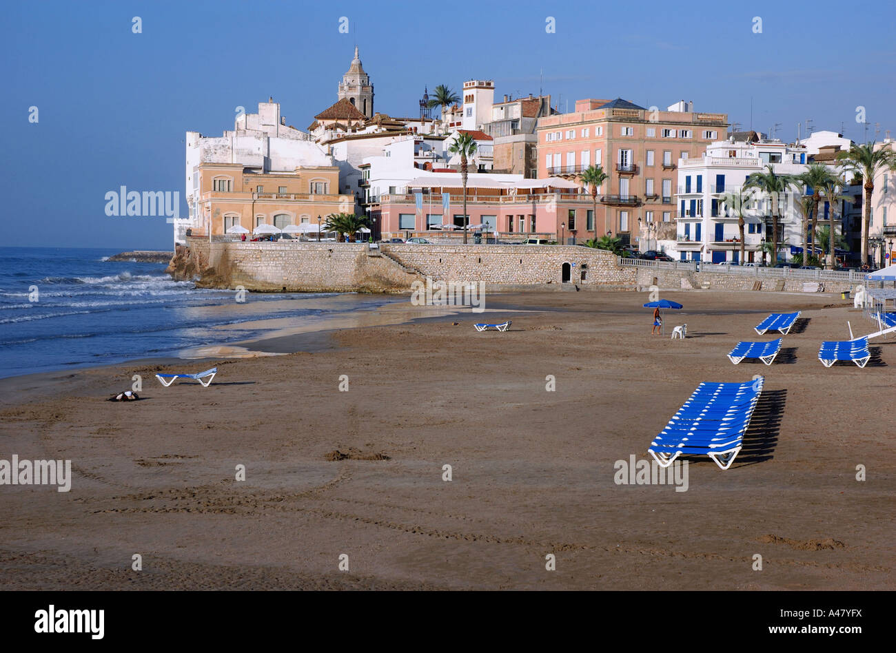 Panoramic view of the seafront & beach of Sitges Catalonia Catalunya ...