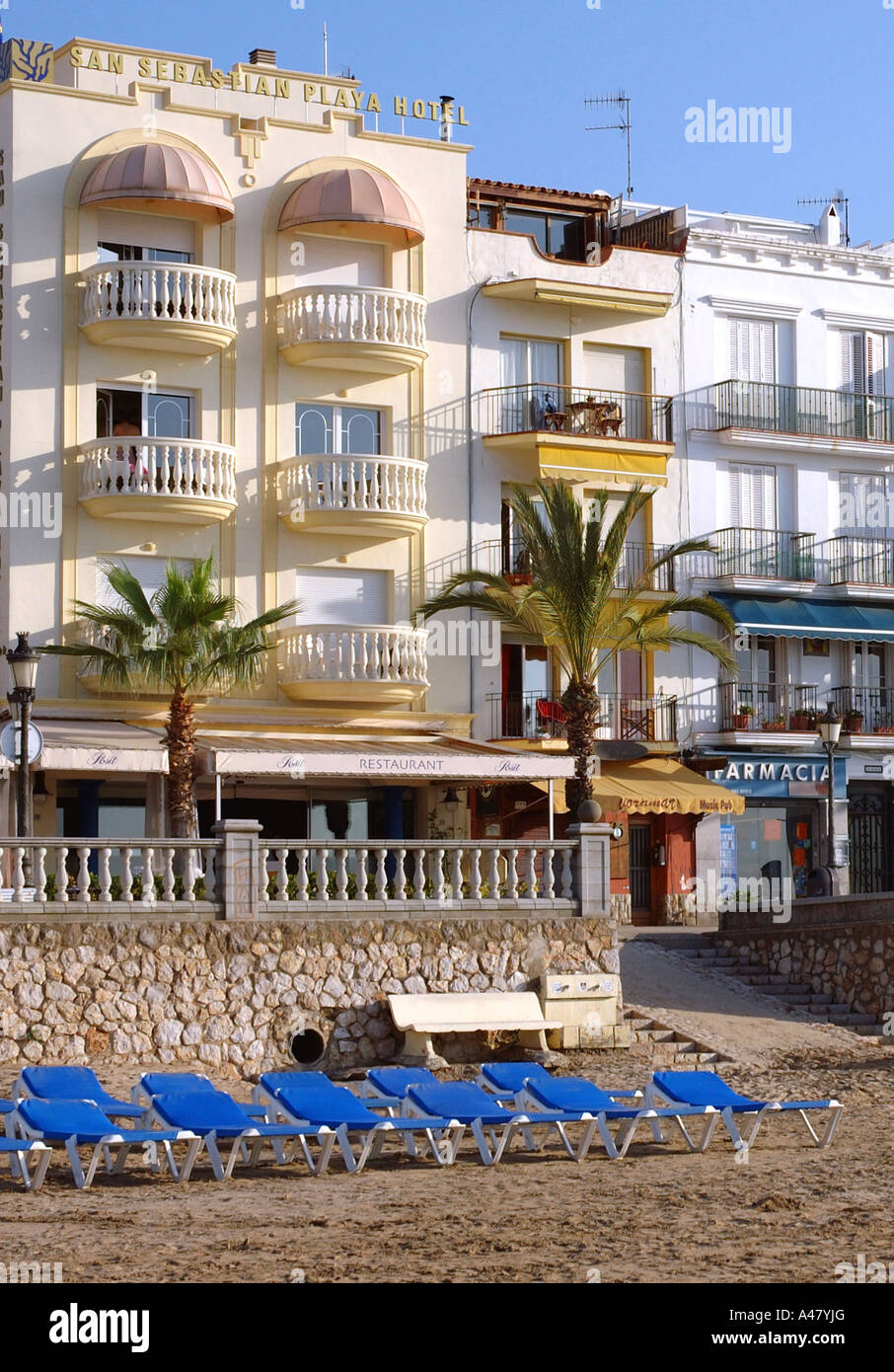 Panoramic view of the seafront & beach of Sitges Catalonia Catalunya ...