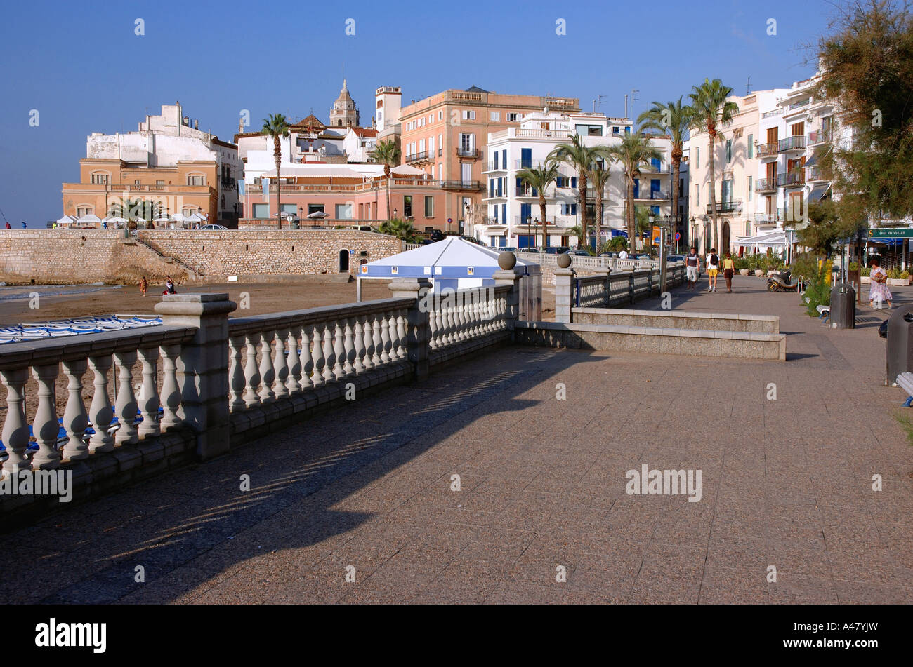 Panoramic view of the seafront & beach of Sitges Catalonia Catalunya ...