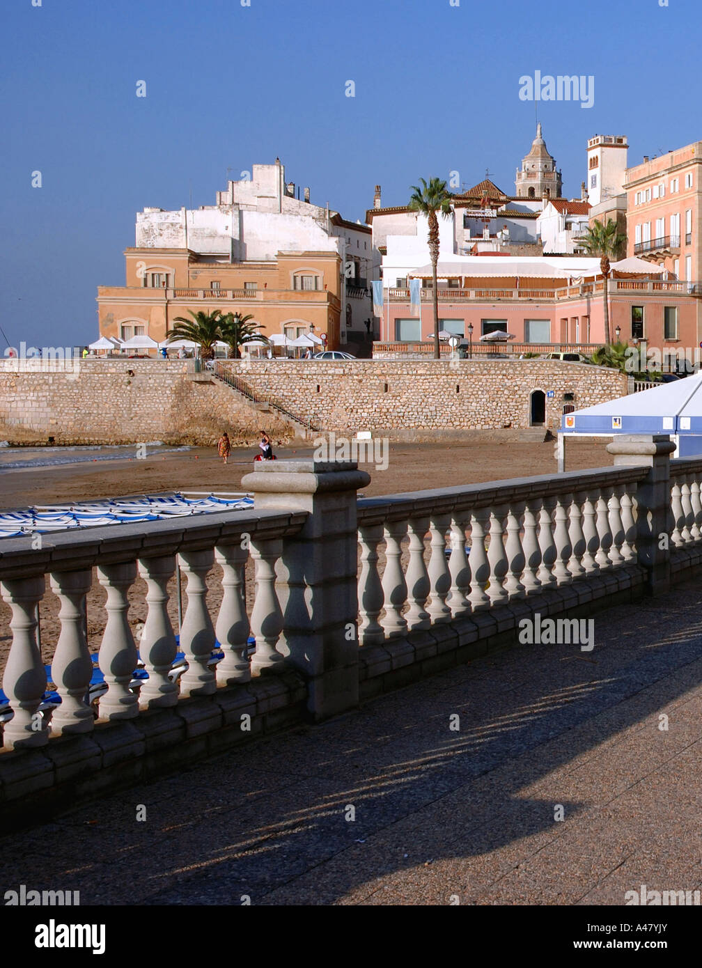 Panoramic view of the seafront & beach of Sitges Catalonia Catalunya ...