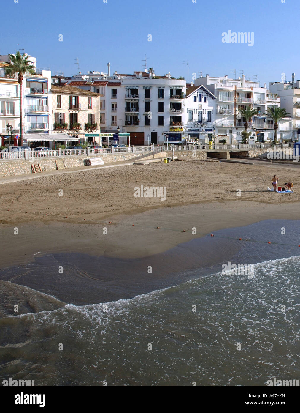 Panoramic view of the seafront & beach of Sitges Catalonia Catalunya ...