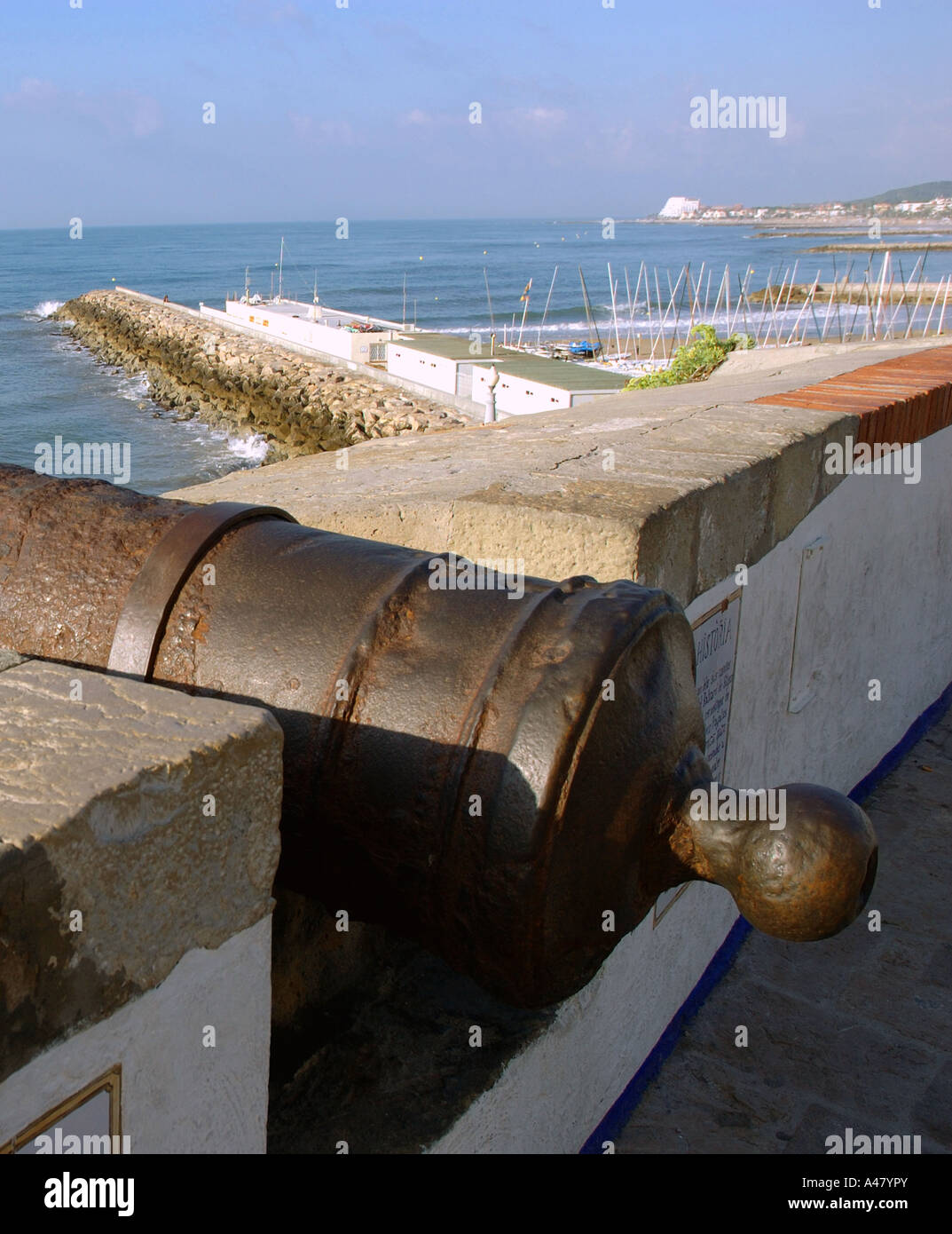 Panoramic view of the seafront & port of Sitges Catalonia Catalunya ...