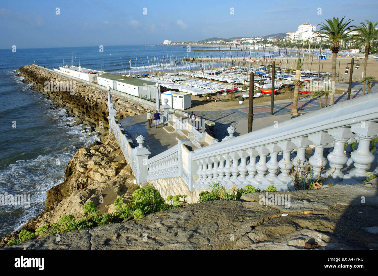 Panoramic view of the seafront beach & port of Sitges Catalonia ...
