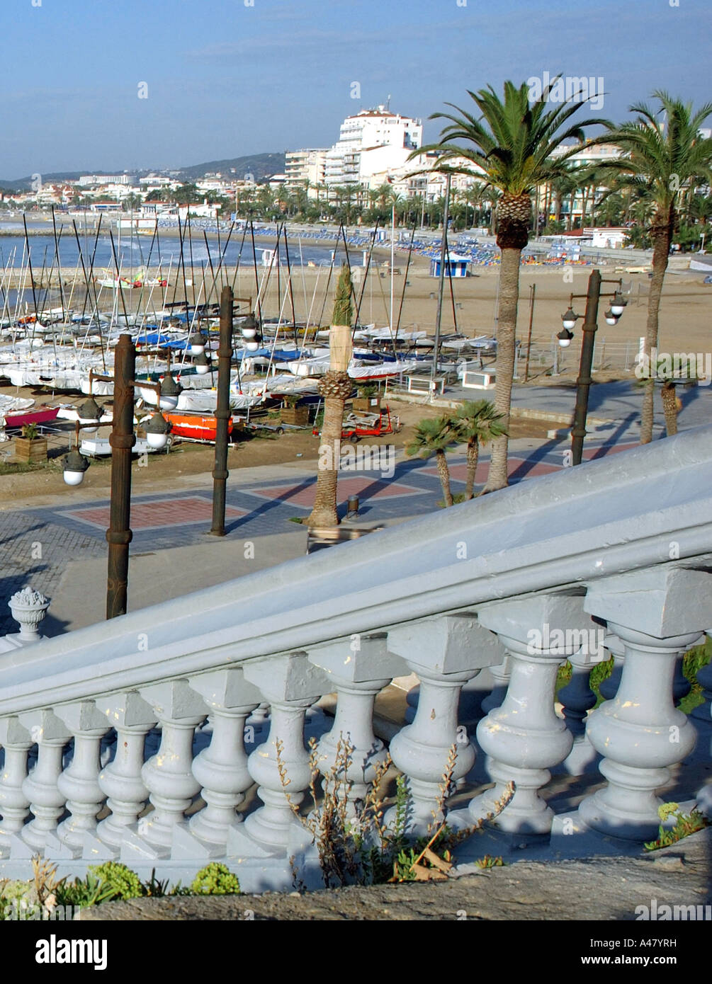 Panoramic view of the seafront beach & port of Sitges Catalonia ...