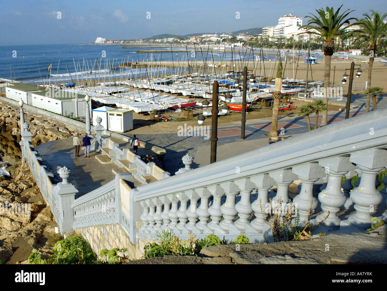 Panoramic view of the seafront beach & port of Sitges Catalonia ...