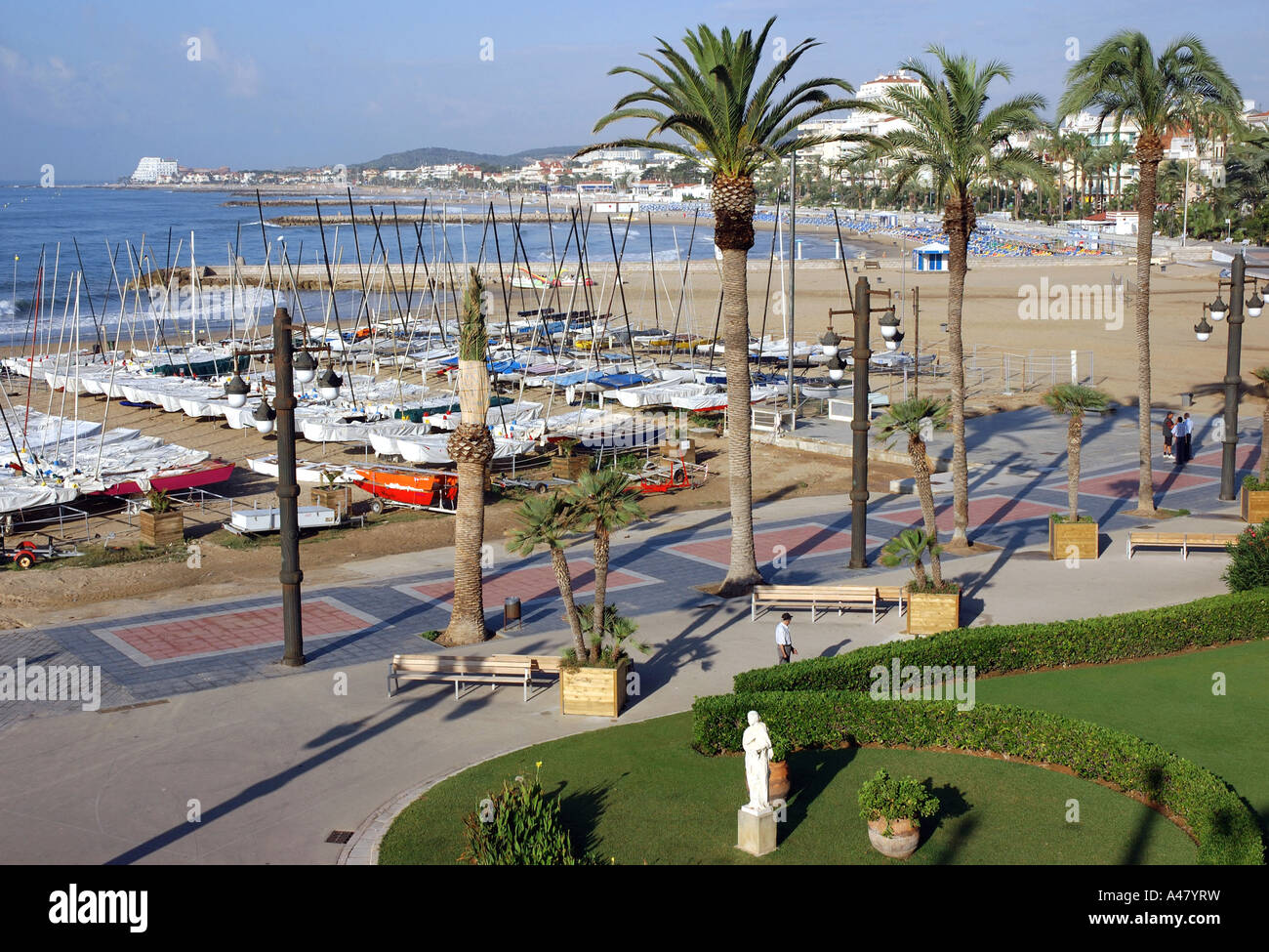 Panoramic view of the seafront beach & port of Sitges Catalonia ...