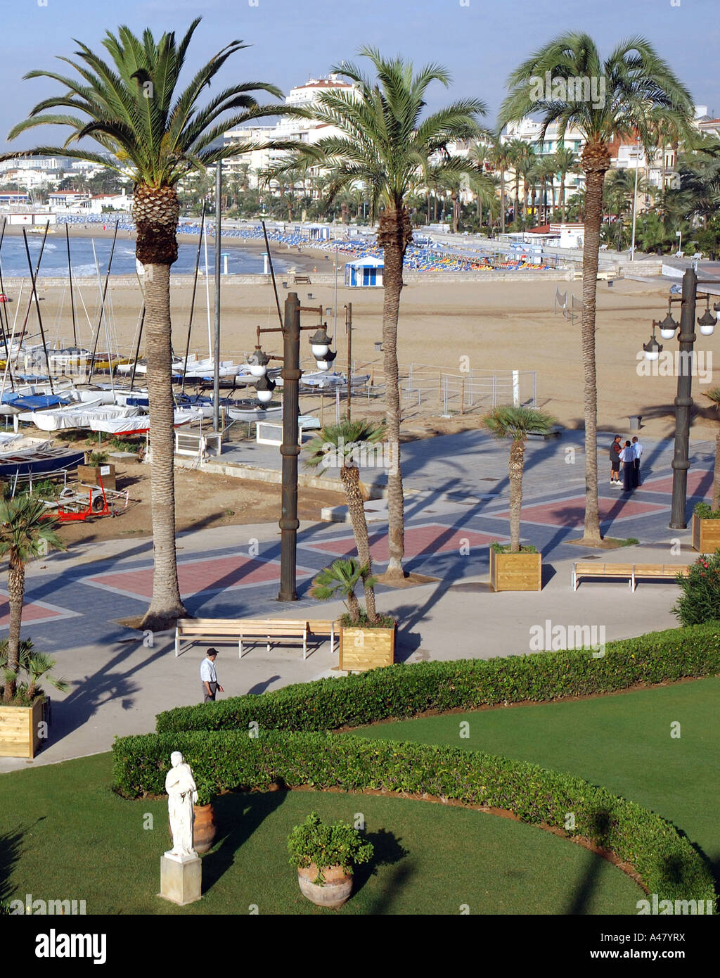Panoramic view of the seafront beach & port of Sitges Catalonia ...