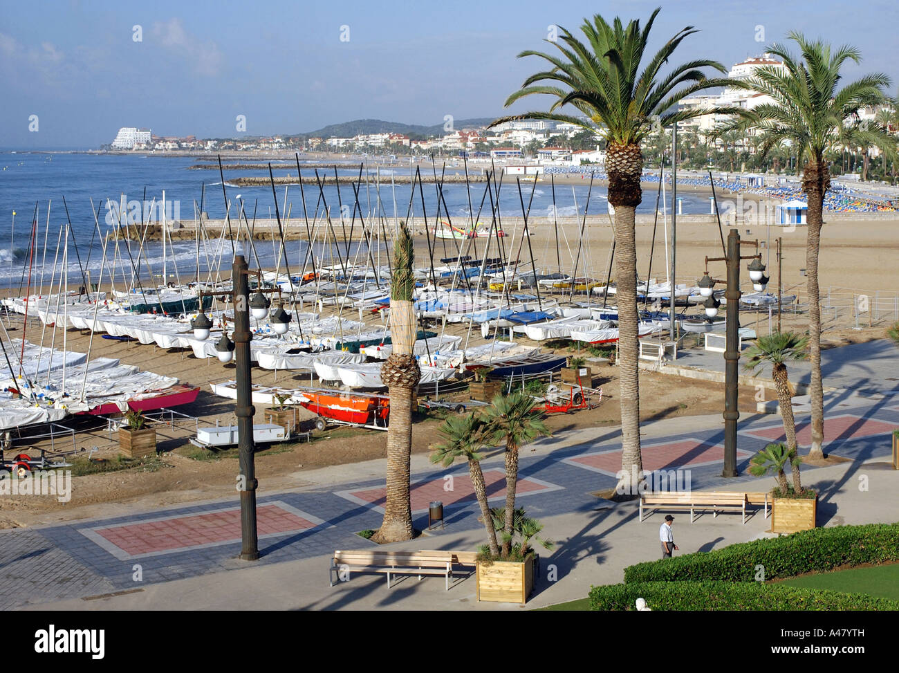 Panoramic view of the seafront beach & port of Sitges Catalonia ...