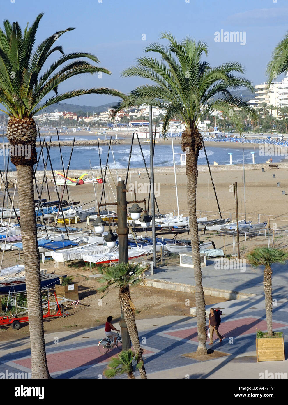 Panoramic view of the seafront beach & port of Sitges Catalonia ...