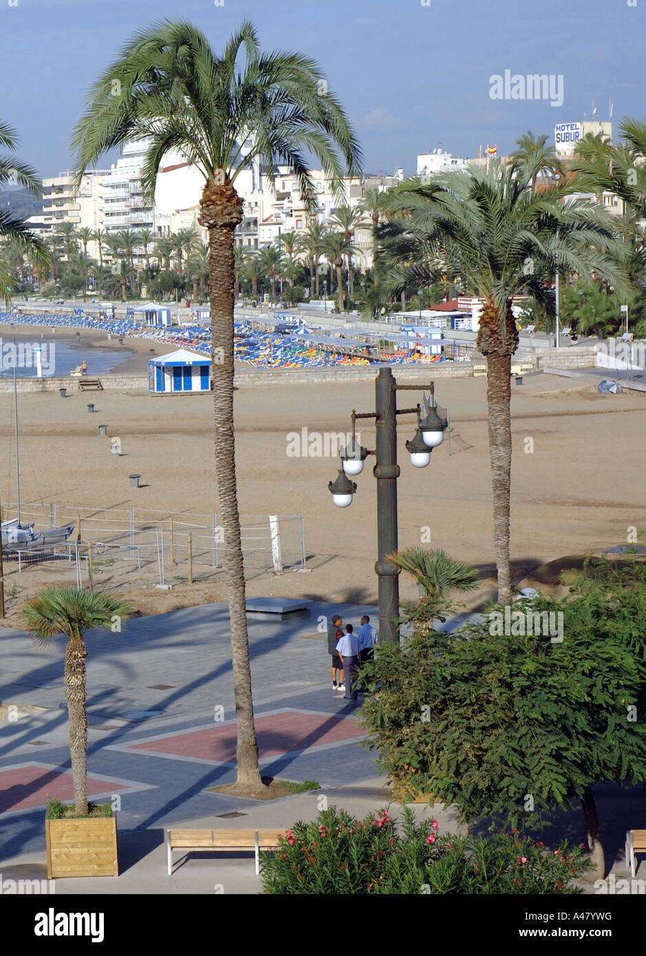 Panoramic view of the seafront & beach of Sitges Catalonia Catalunya ...