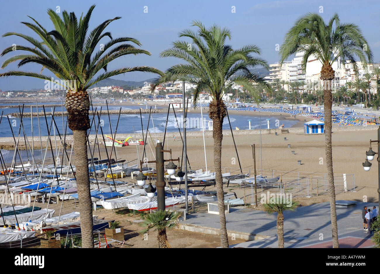 Panoramic view of the seafront beach & port of Sitges Catalonia ...