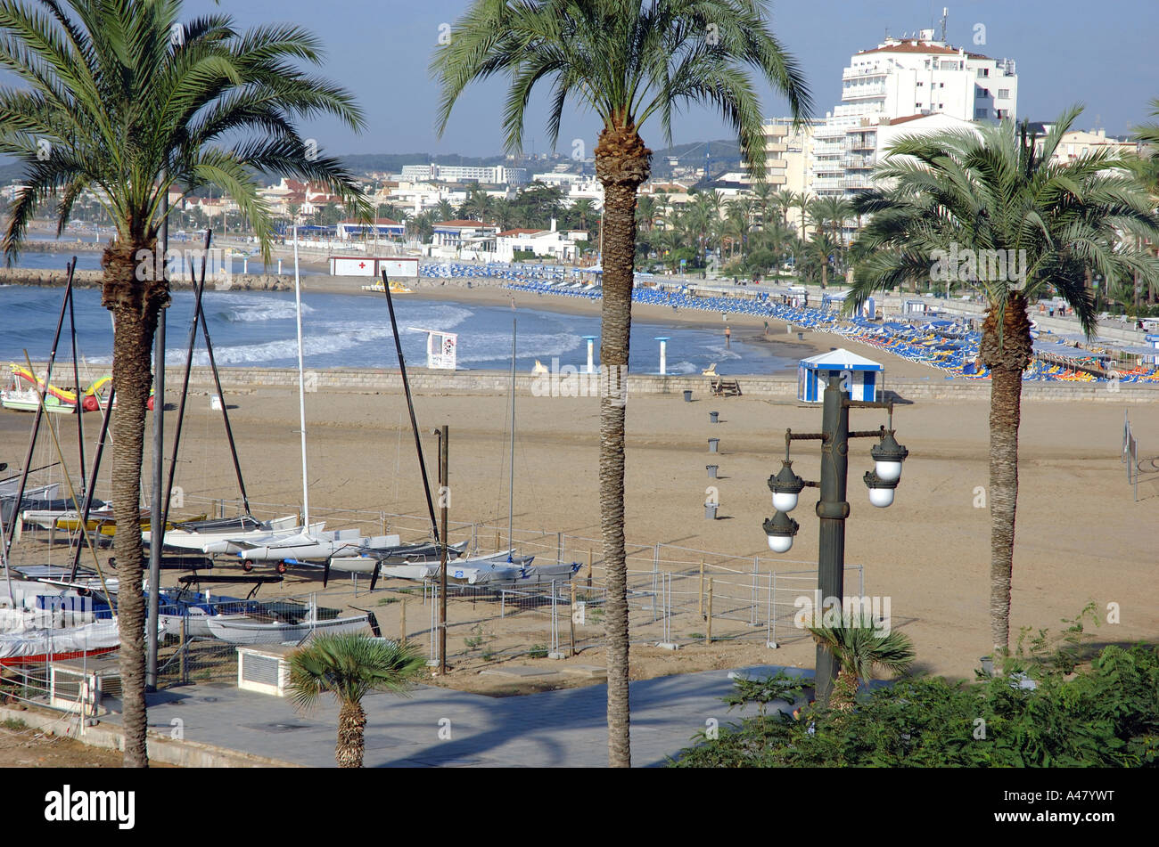 Panoramic view of the seafront beach & port of Sitges Catalonia ...
