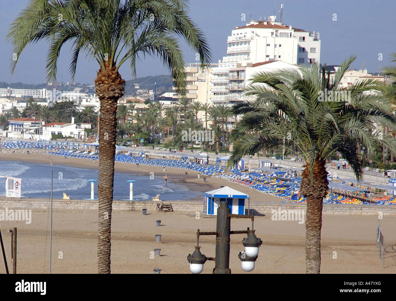 Panoramic view of the seafront & beach of Sitges Catalonia Catalunya ...