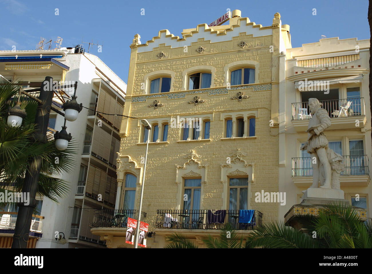 Characteristic view colourful building old town barri antic Sitges ...