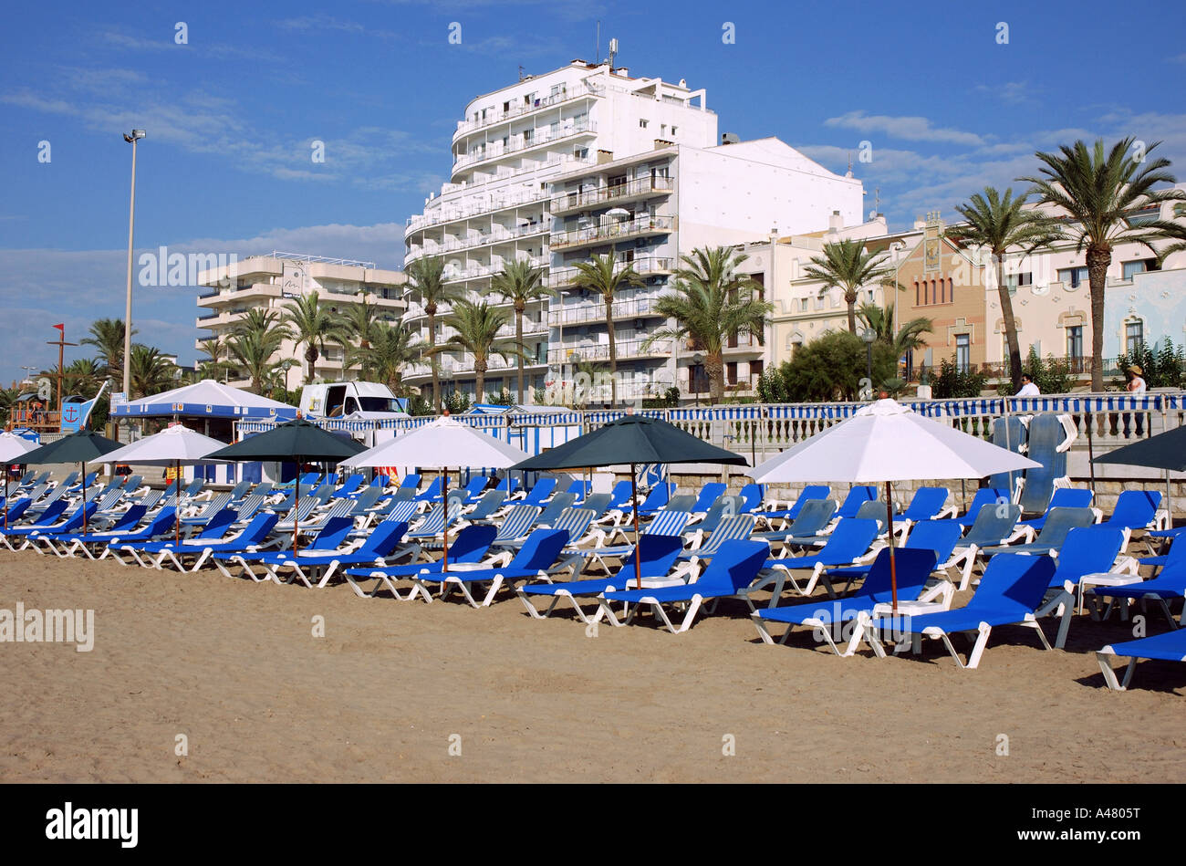 Panoramic view of the seafront & beach of Sitges Catalonia Catalunya ...