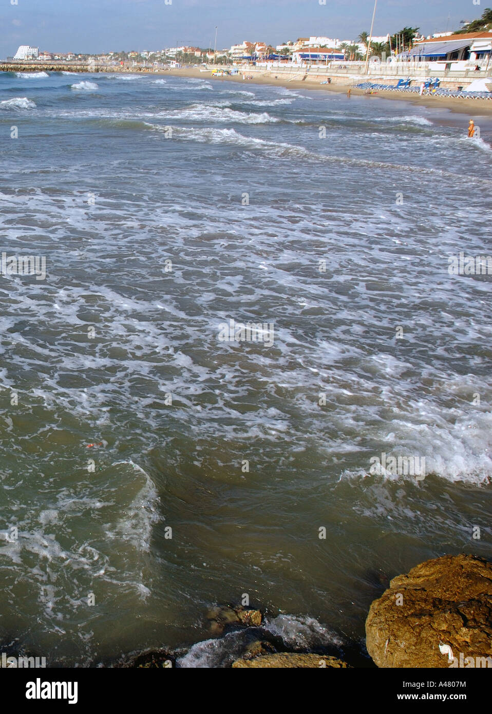 Panoramic view of the seafront & beach of Sitges Catalonia Catalunya ...