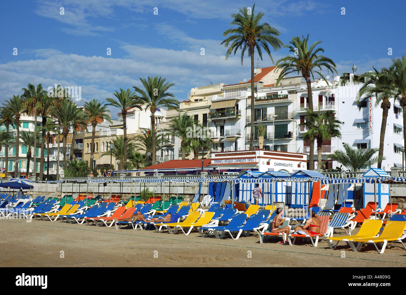 Panoramic view of the seafront & beach of Sitges Catalonia Catalunya ...
