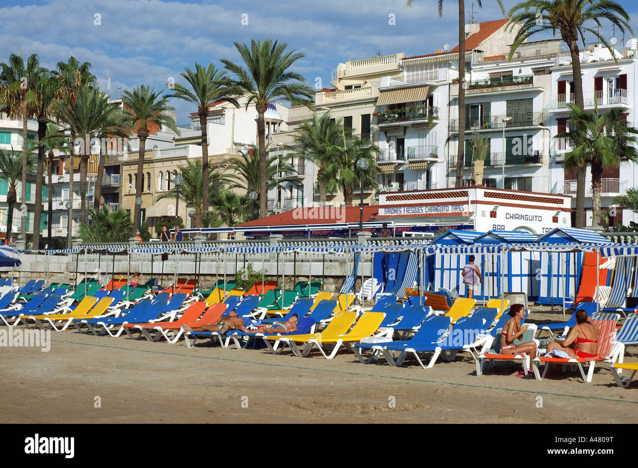 Panoramic view of the seafront & beach of Sitges Catalonia Catalunya ...