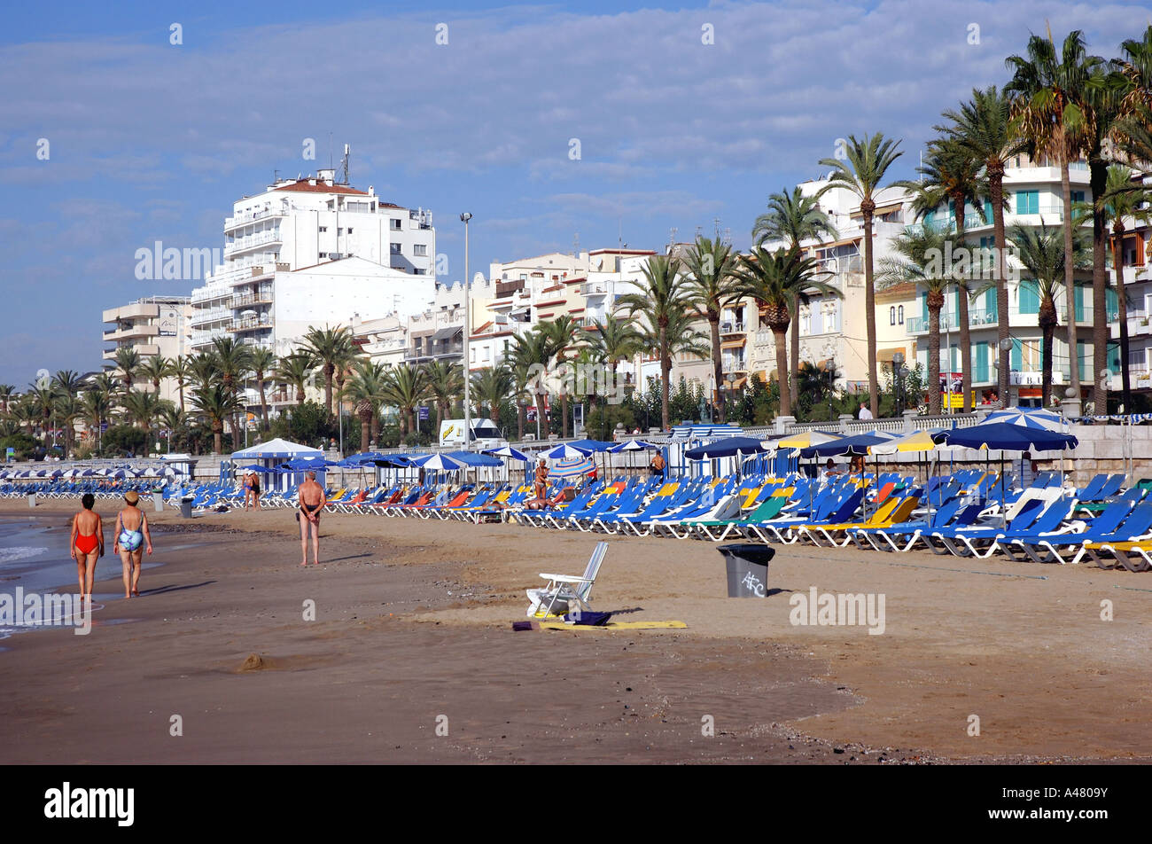 Panoramic view of the seafront & beach of Sitges Catalonia Catalunya ...