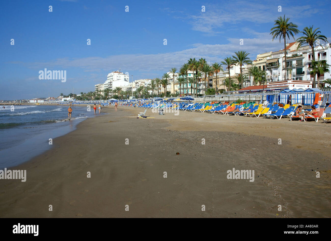 Panoramic view of the seafront & beach of Sitges Catalonia Catalunya ...
