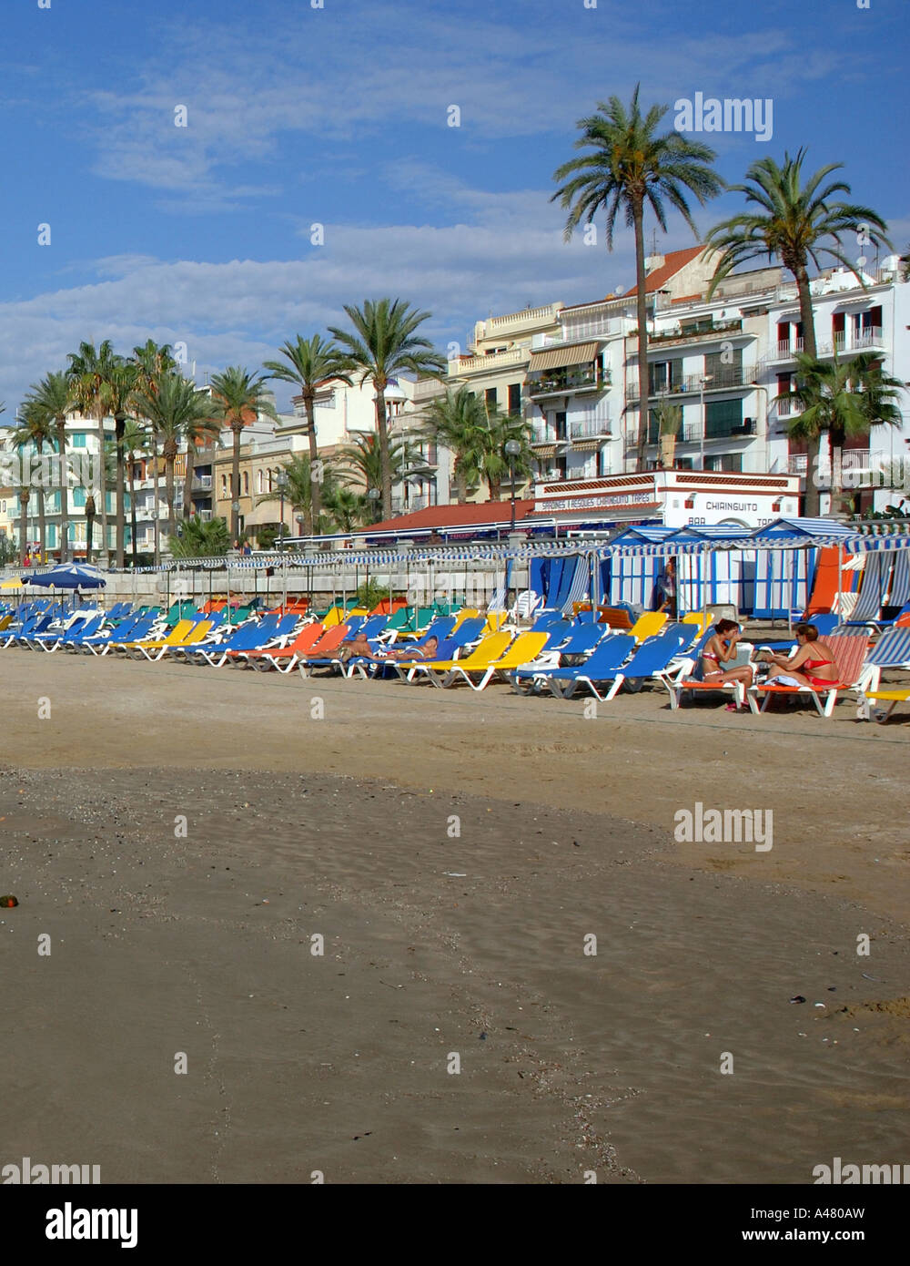 Panoramic view of the seafront & beach of Sitges Catalonia Catalunya ...