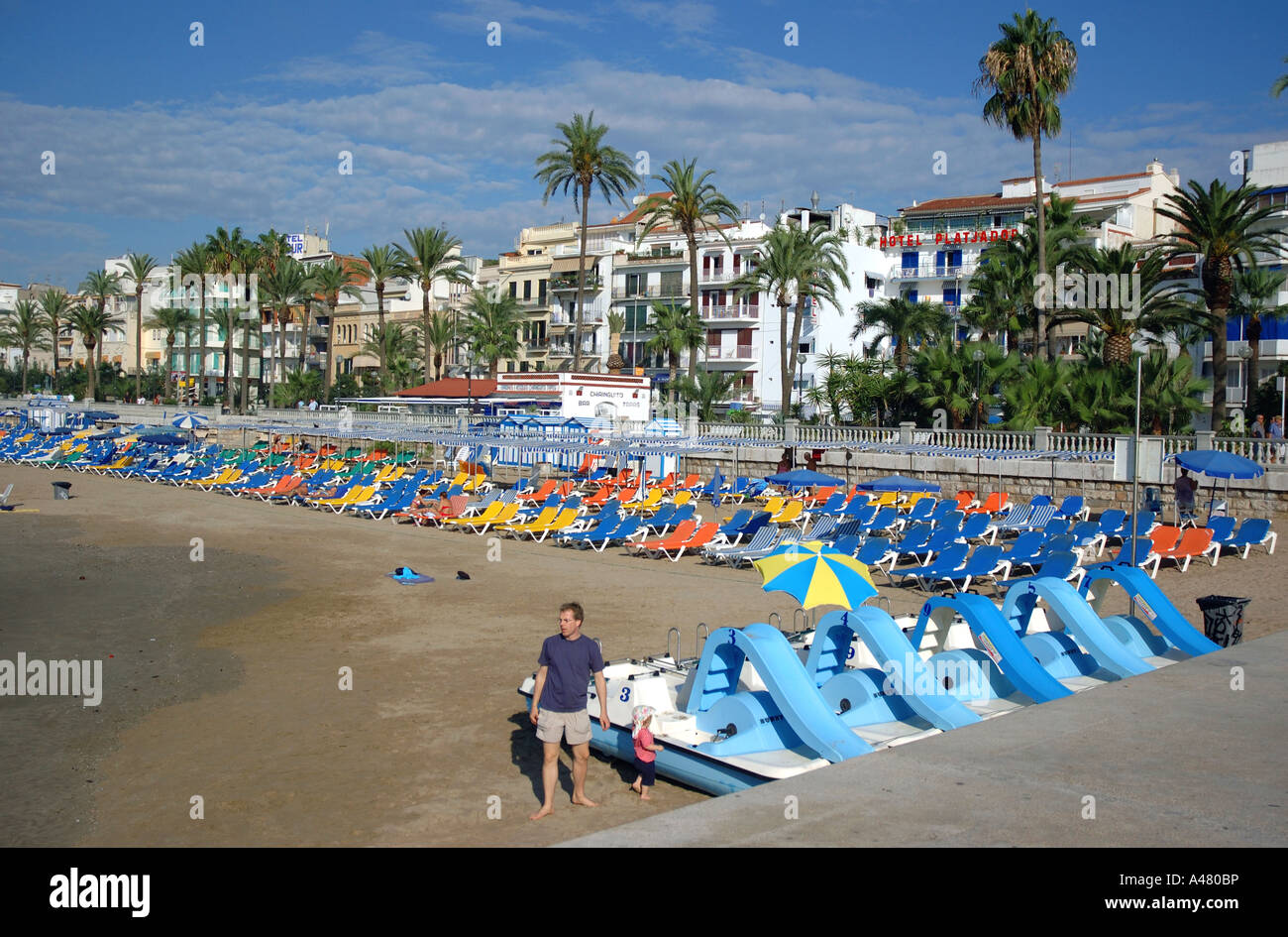 Panoramic view of the seafront & beach of Sitges Catalonia Catalunya ...