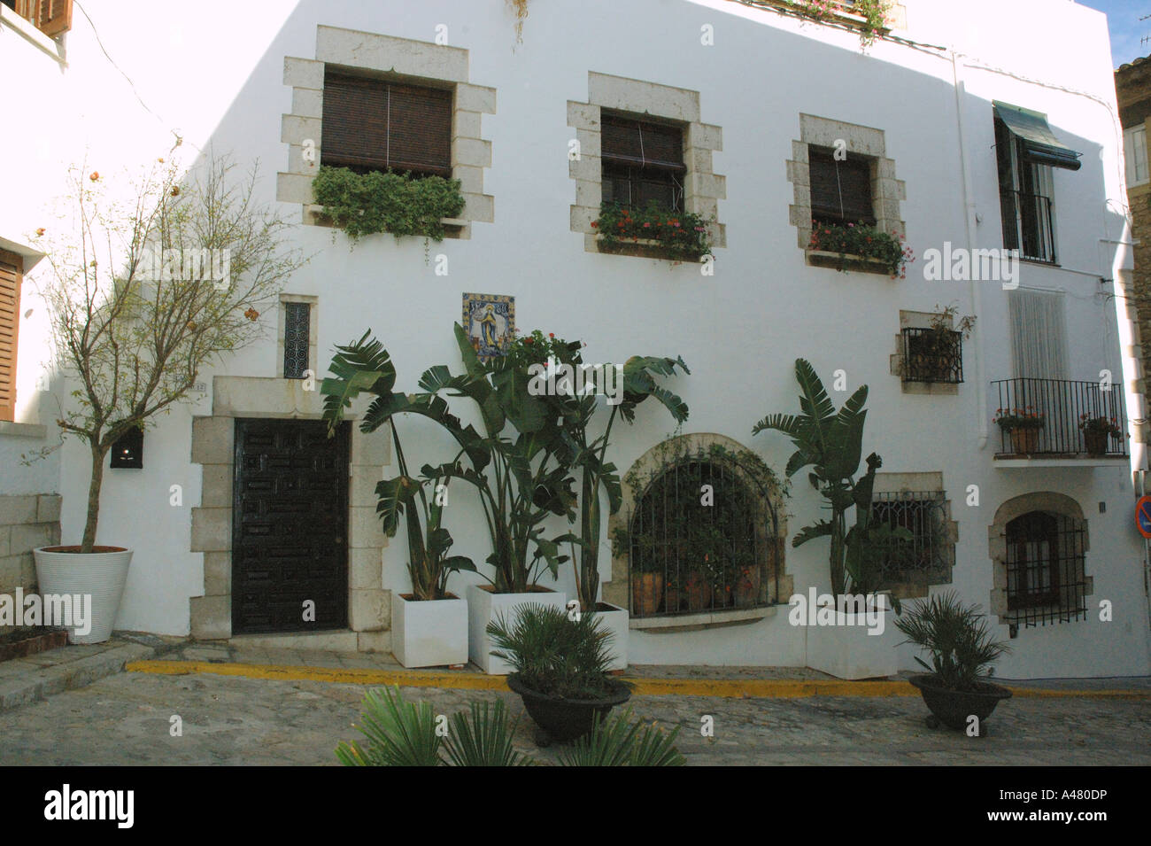 Characteristic view of white buildings old town barri antic Sitges ...