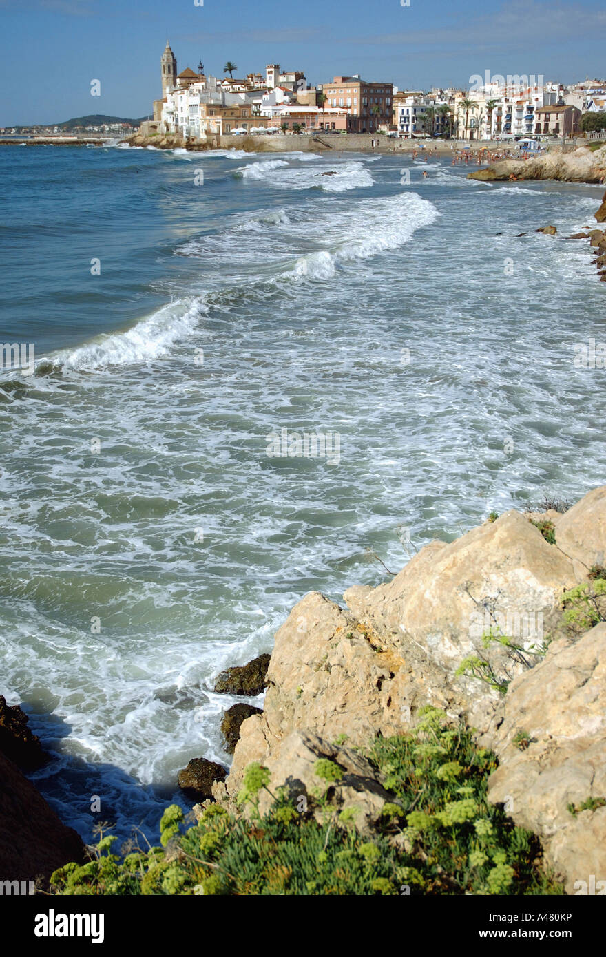 Panoramic view of the seafront & beach of Sitges Catalonia Catalunya ...