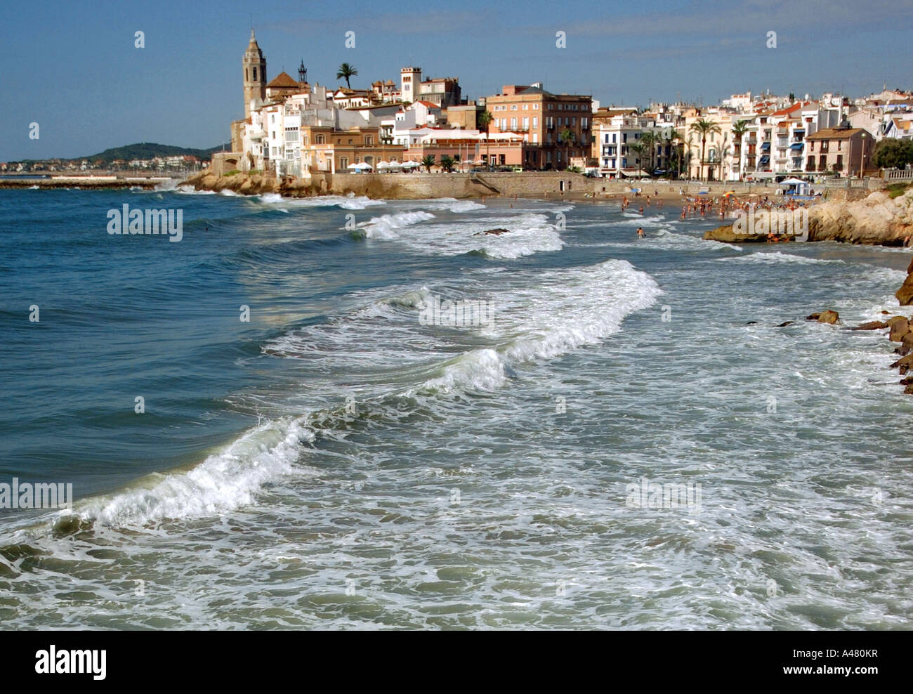 Panoramic view of the seafront & beach of Sitges Catalonia Catalunya ...