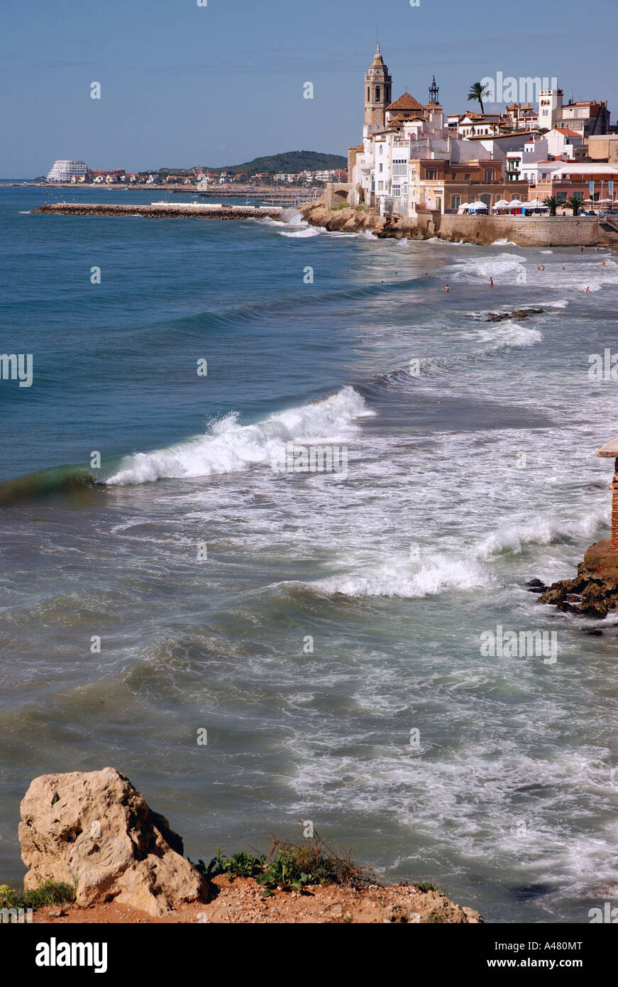 Panoramic view of the seafront & beach of Sitges Catalonia Catalunya ...