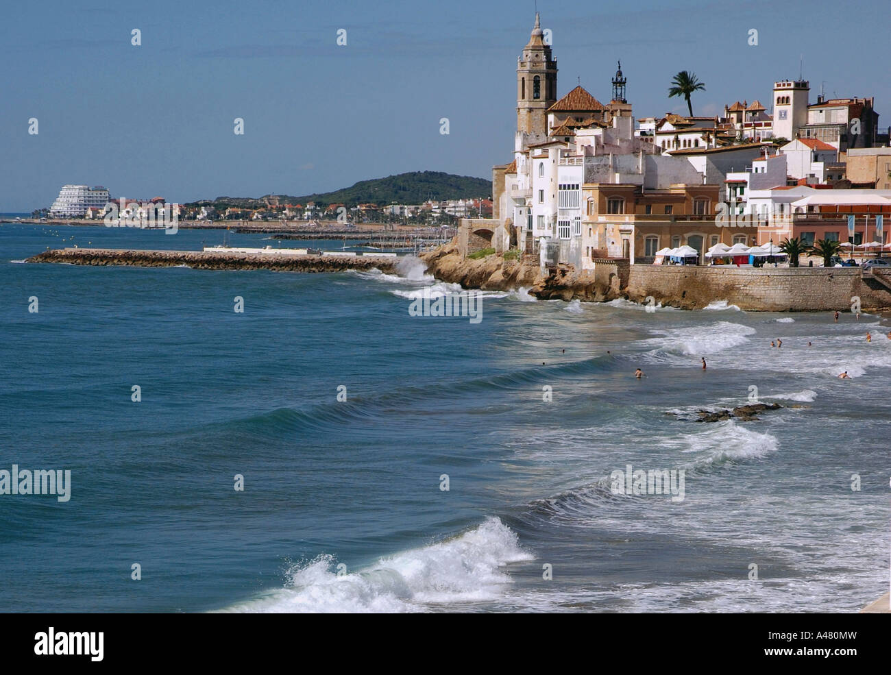 Panoramic view of the seafront & beach of Sitges Catalonia Catalunya ...