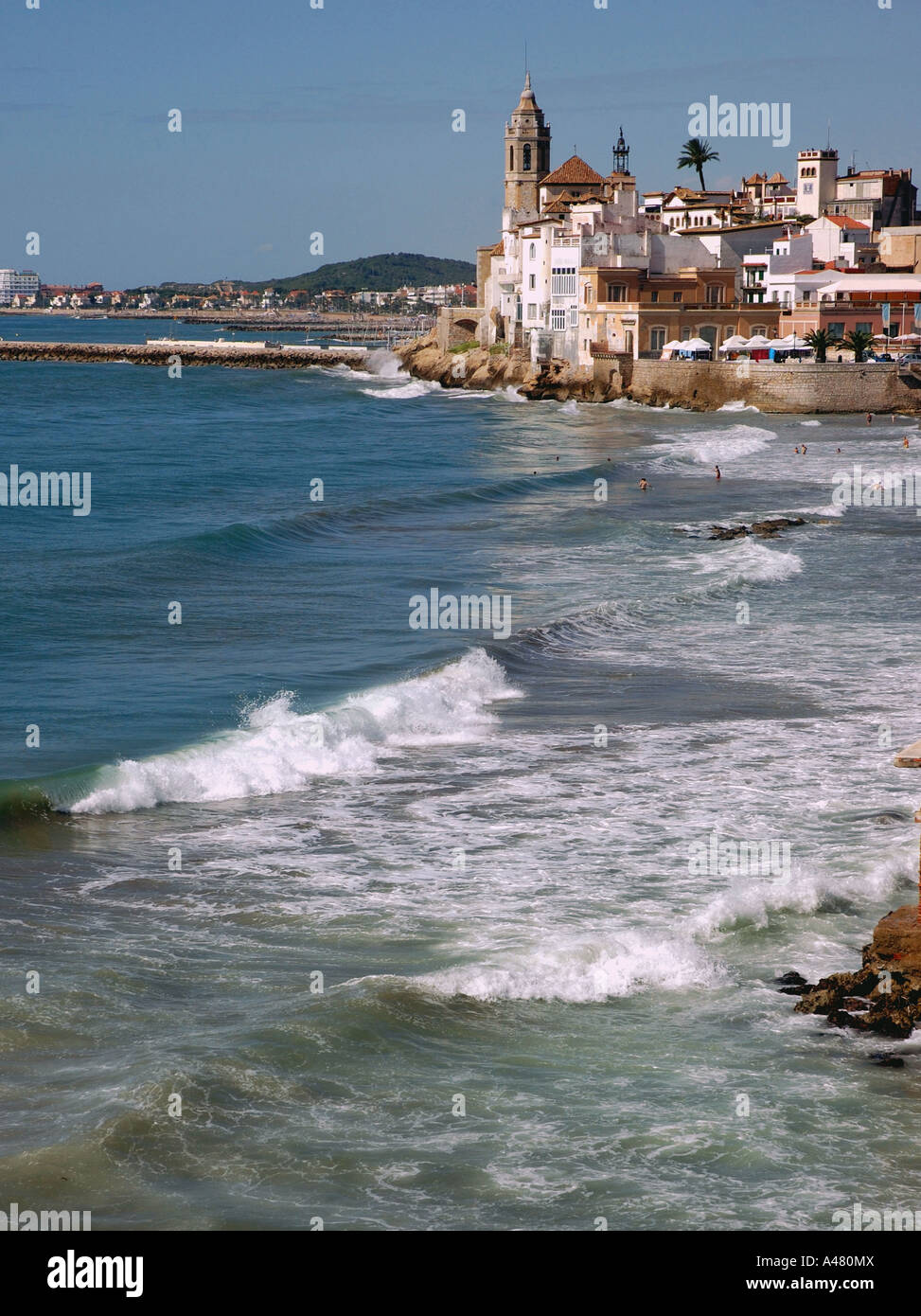 Panoramic view of the seafront & beach of Sitges Catalonia Catalunya ...