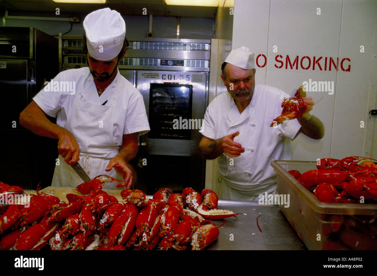 Chefs on board the queen elizabeth QE2 preparing lobsters for lunch ...