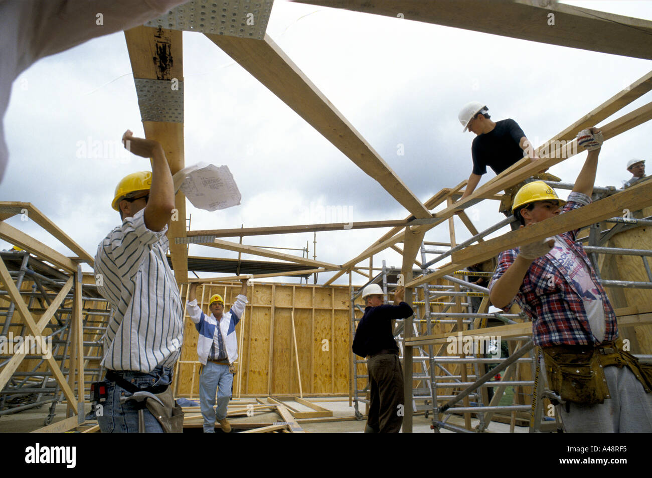 construction workers erecting timber structure on building site Stock ...