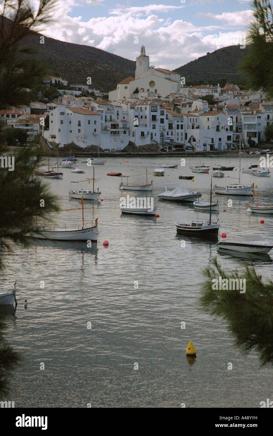 Panoramic view of seafront of Cadaques Cadaqués Girona Gerona Catalonia ...