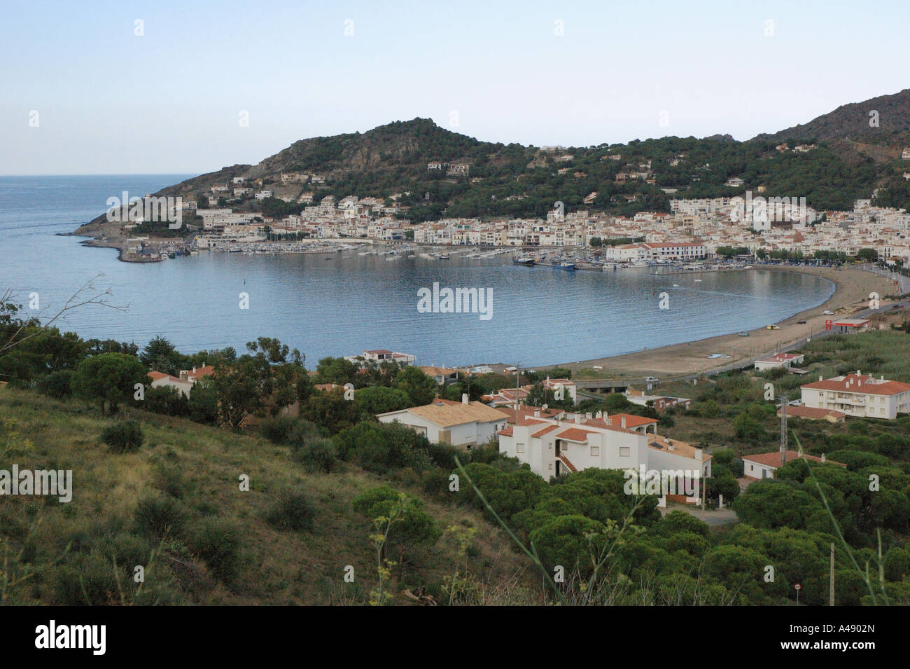 Panoramic view of seafront of Cadaques Cadaqués Girona Gerona Catalonia ...