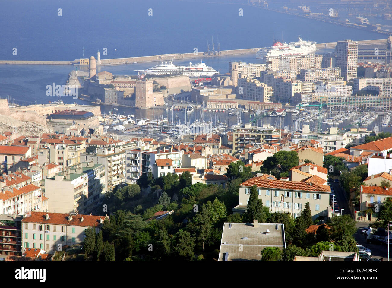 Panoramic view of seafront & Vieux Port Marseille Old Provence Southern ...