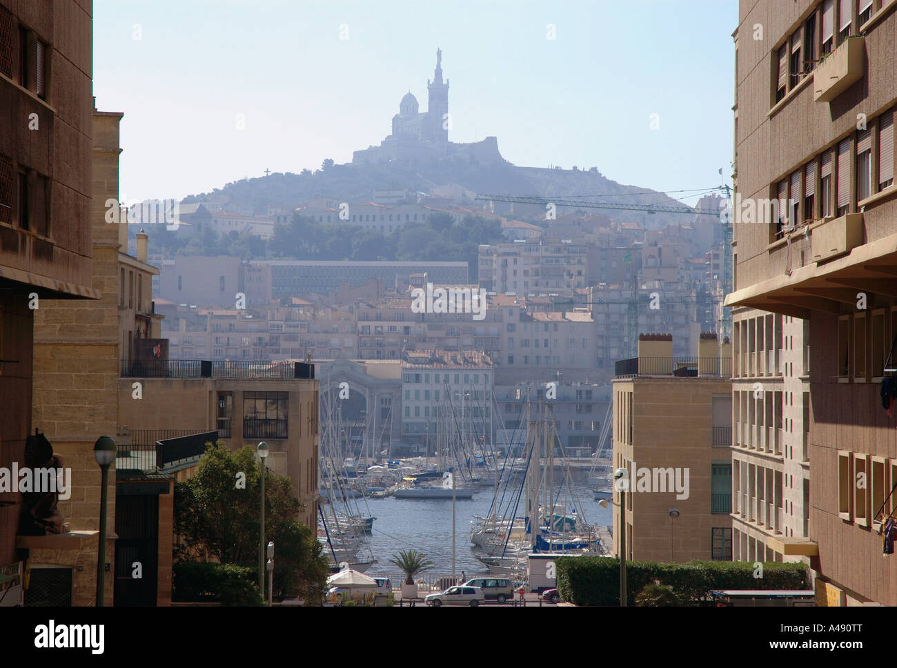 Panoramic view of seafront & Vieux Port through a archway Marseille Old ...