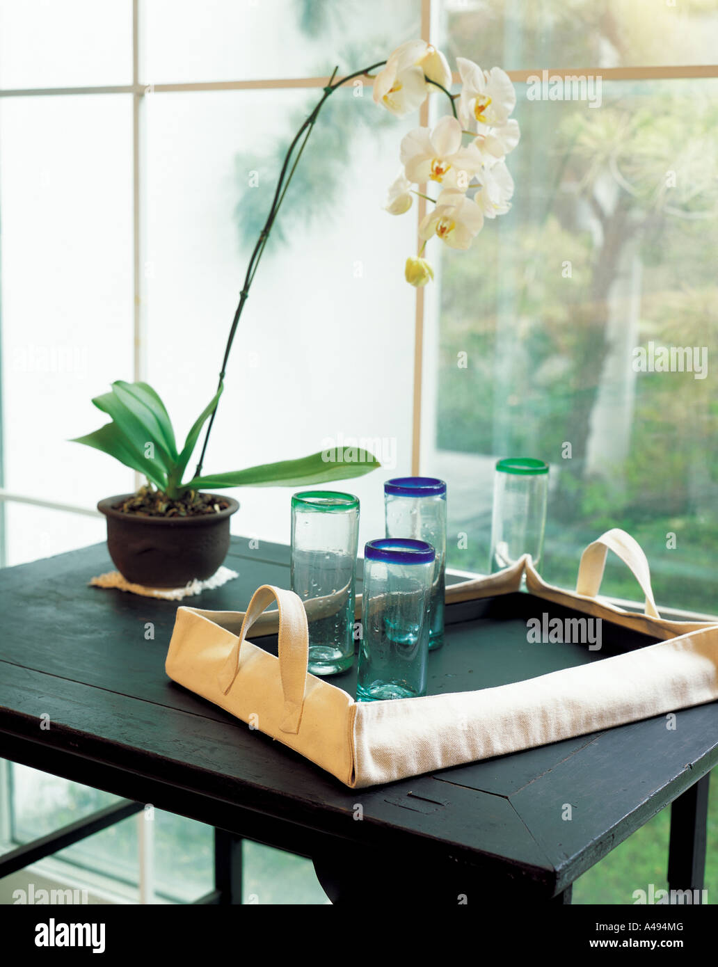 High angle view of empty glasses on a tray on the table Stock Photo - Alamy
