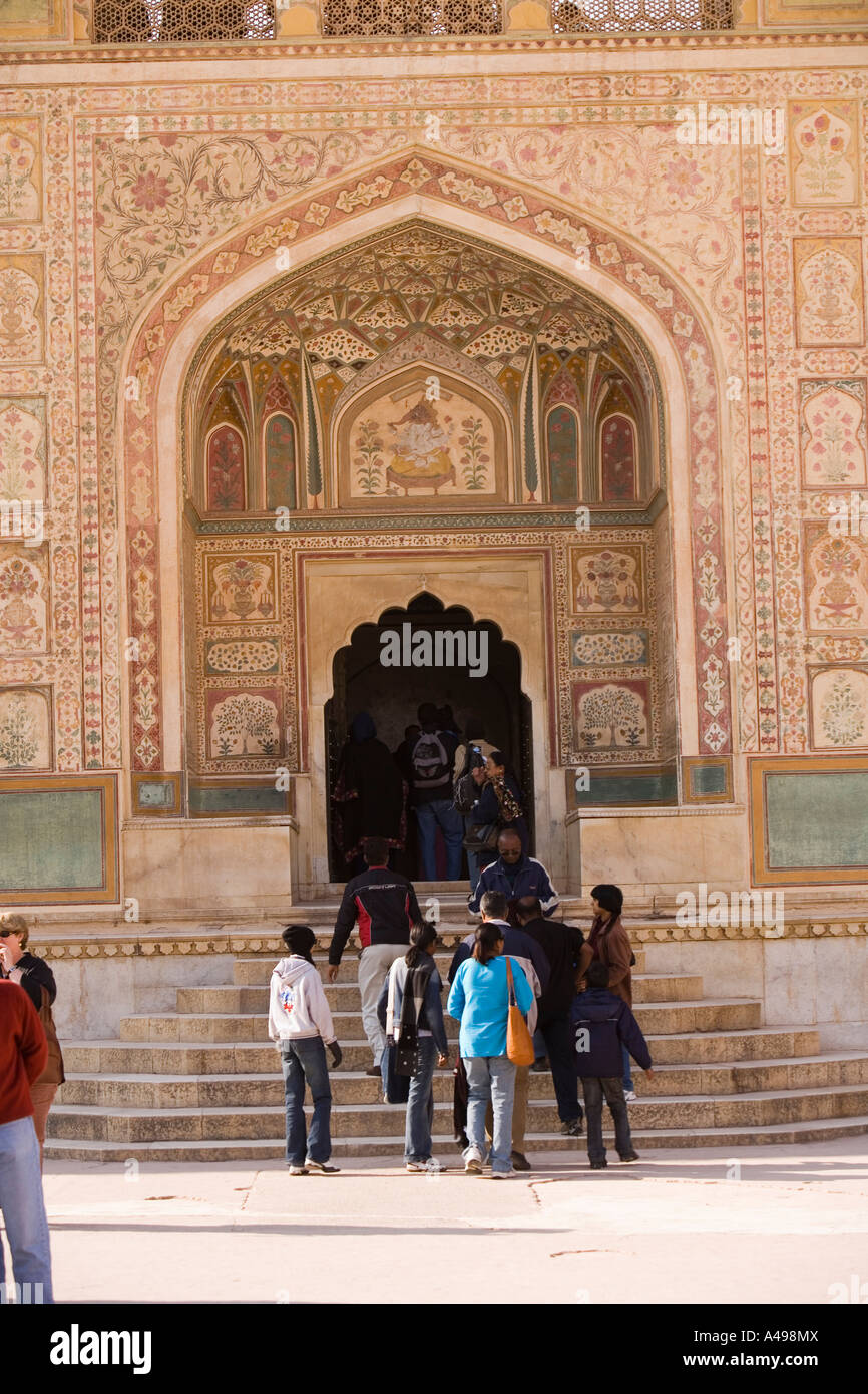India Rajasthan Amber Fort tourists at Ganesh Pol entrance gate Stock ...